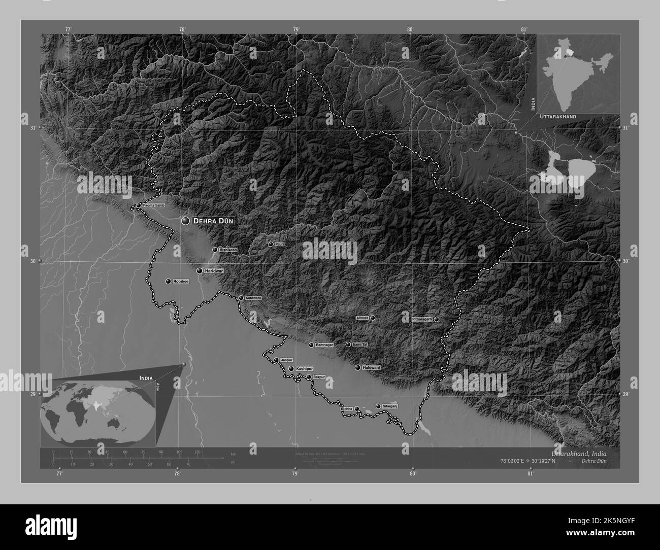 Uttarakhand, state of India. Grayscale elevation map with lakes and ...
