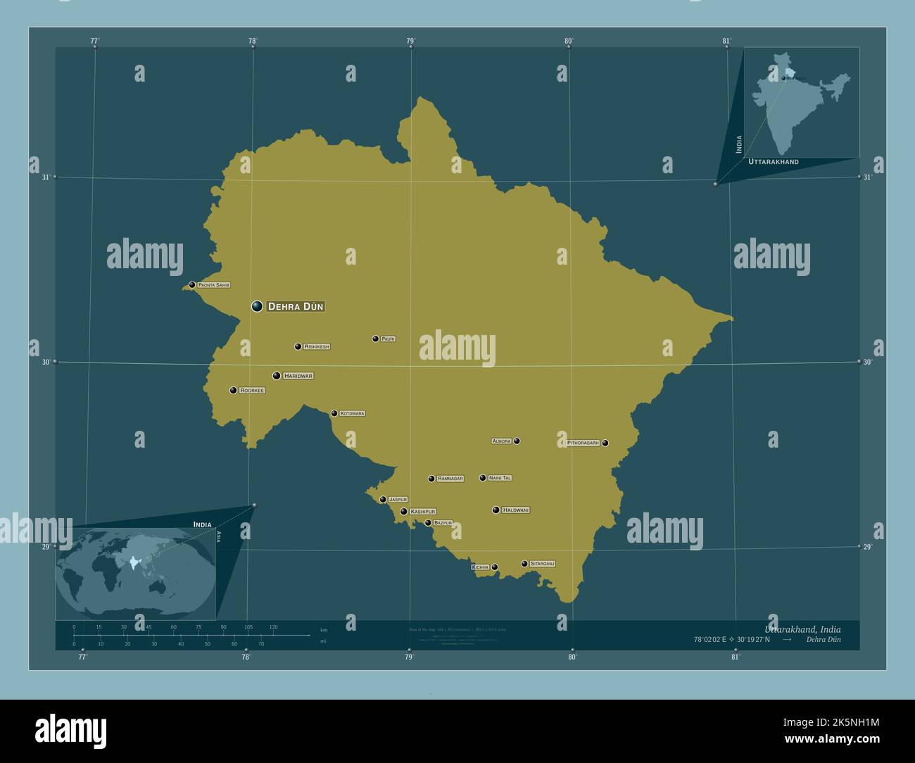 Uttarakhand, state of India. Solid color shape. Locations and names of ...