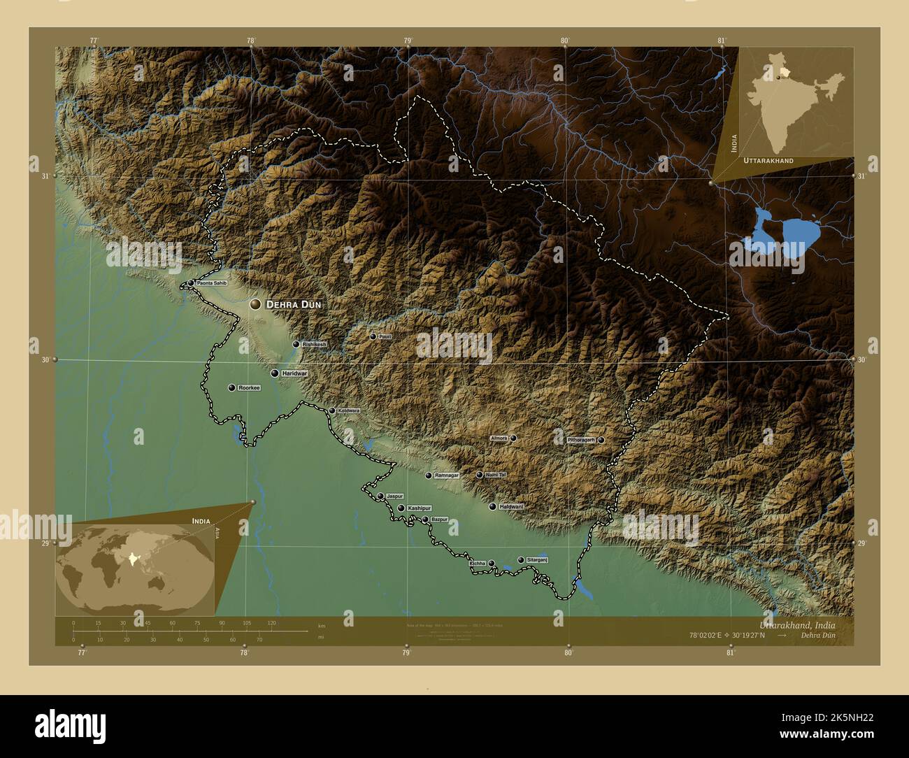 Uttarakhand, state of India. Colored elevation map with lakes and ...