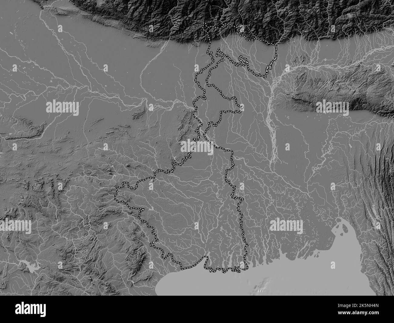 West Bengal, state of India. Bilevel elevation map with lakes and ...