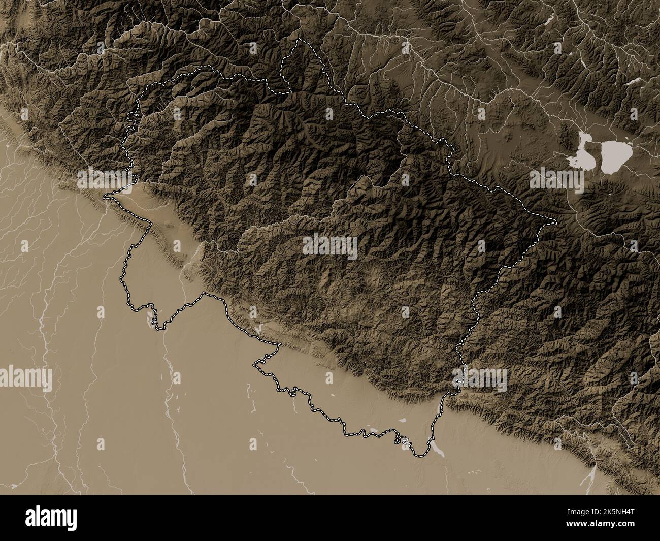 Uttarakhand, state of India. Elevation map colored in sepia tones with ...