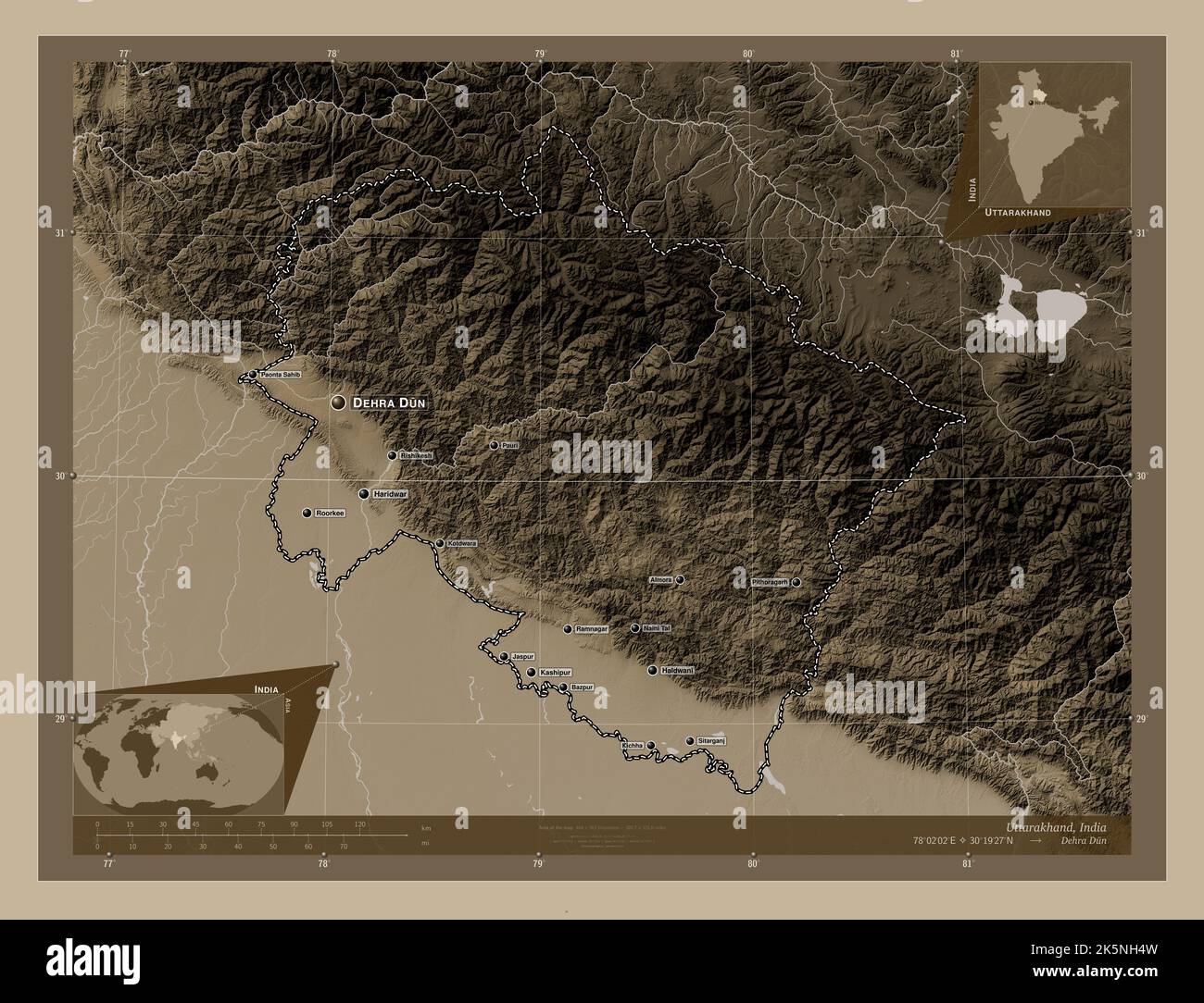 Uttarakhand, state of India. Elevation map colored in sepia tones with ...