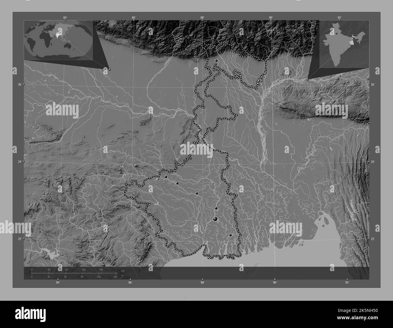 West Bengal, state of India. Bilevel elevation map with lakes and ...