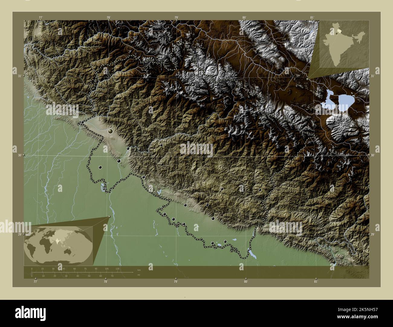 Uttarakhand, state of India. Elevation map colored in wiki style with ...