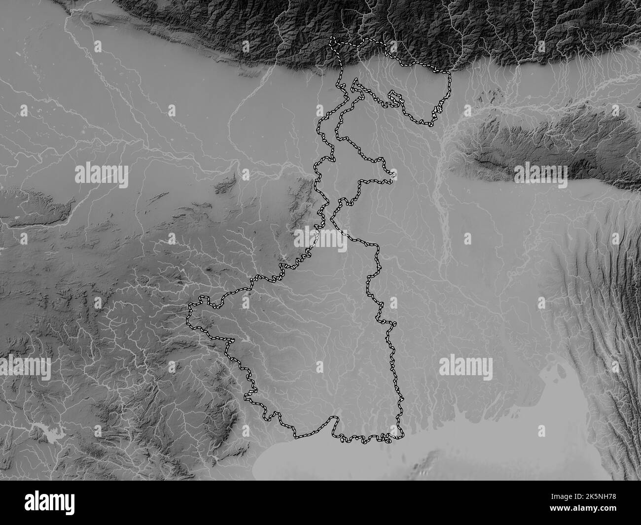 West Bengal, state of India. Grayscale elevation map with lakes and ...