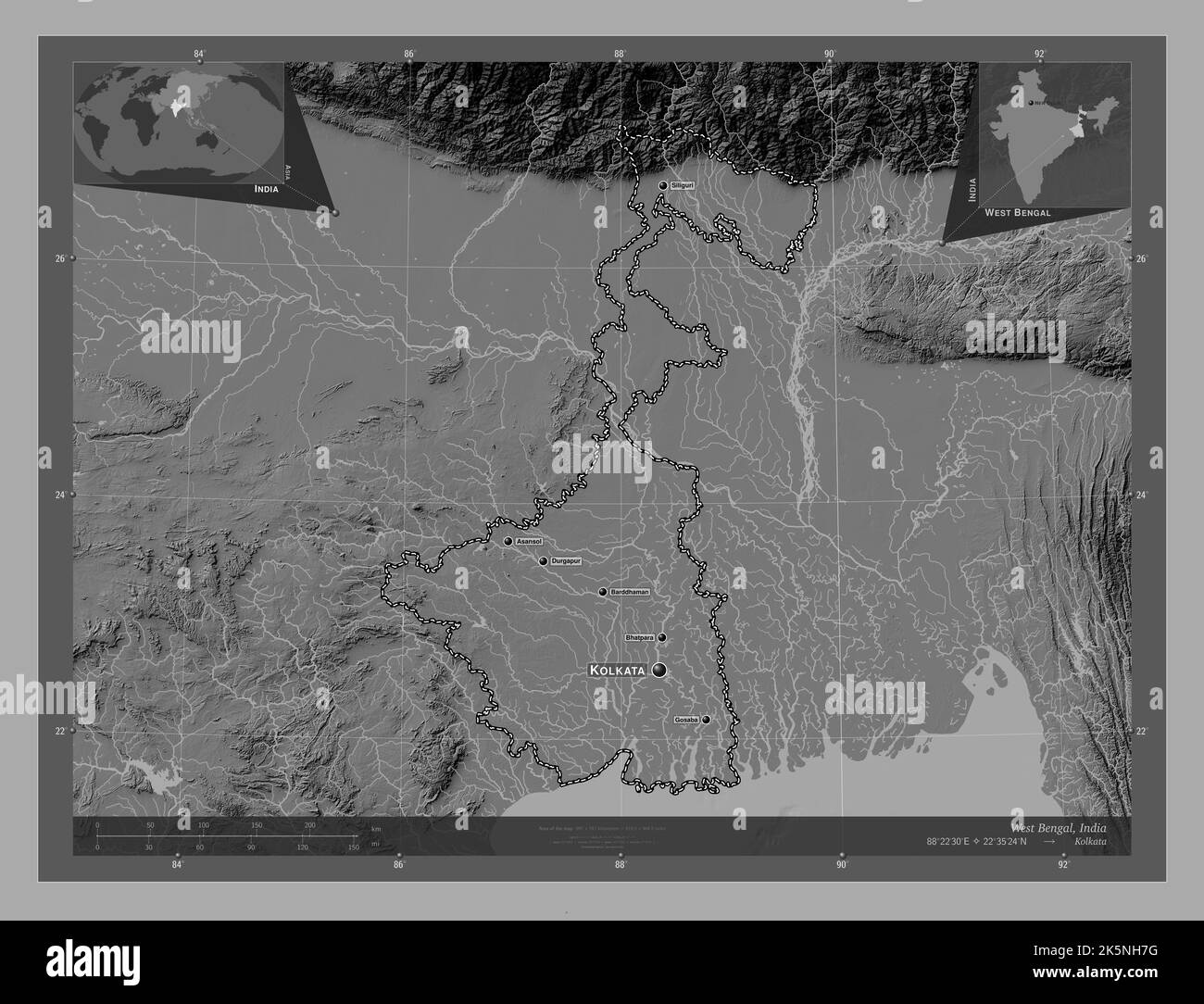 West Bengal, state of India. Bilevel elevation map with lakes and ...