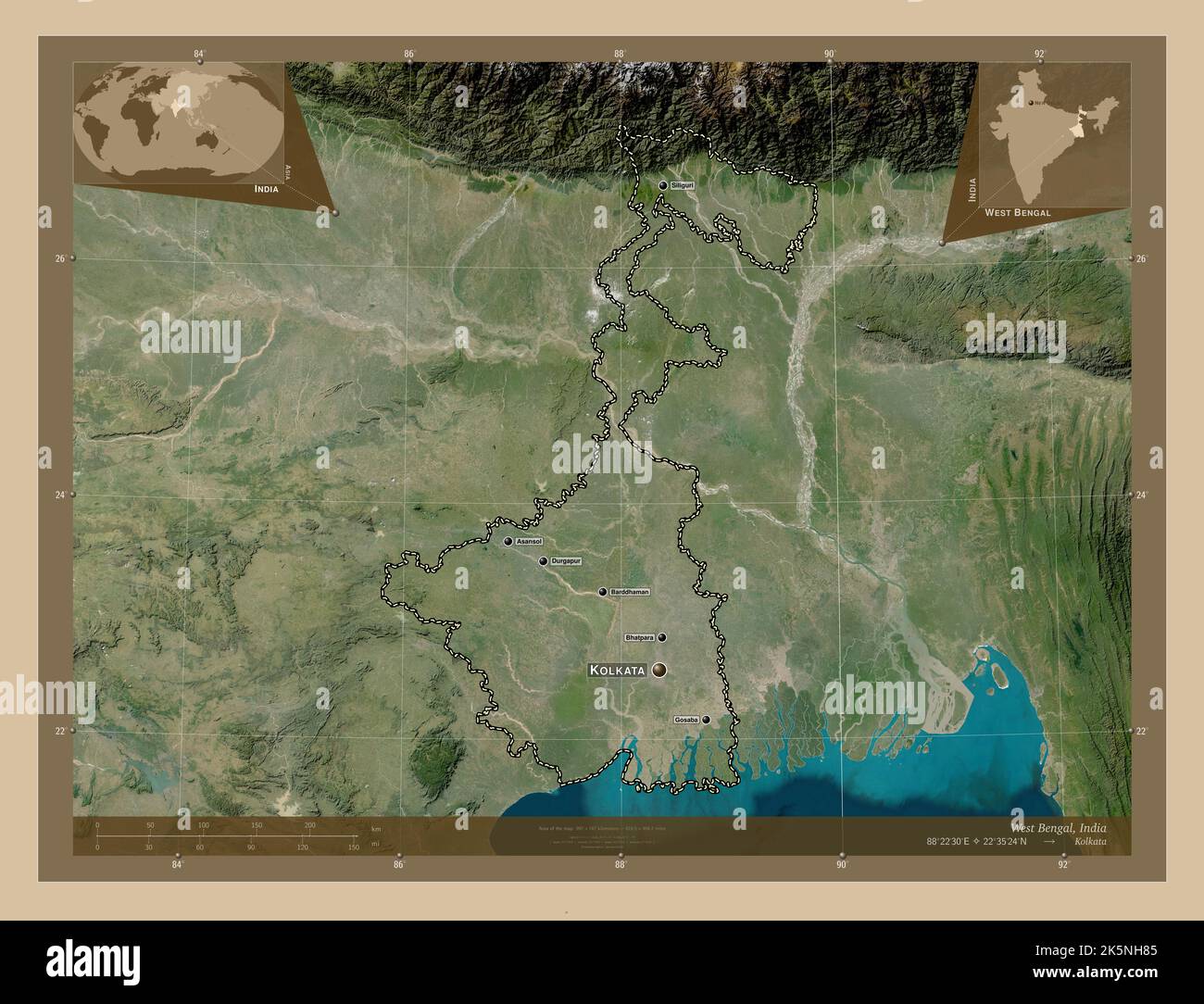 West Bengal, state of India. Low resolution satellite map. Locations ...
