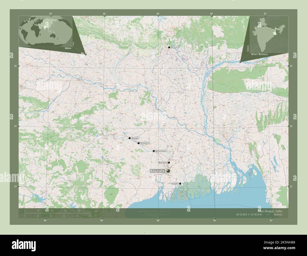 West Bengal, state of India. Open Street Map. Locations and names of ...
