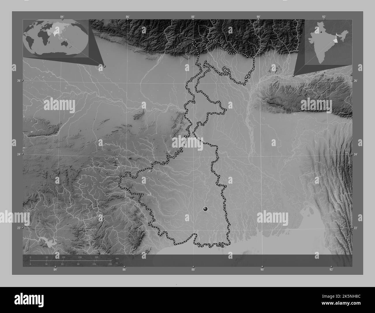 West Bengal, state of India. Grayscale elevation map with lakes and ...