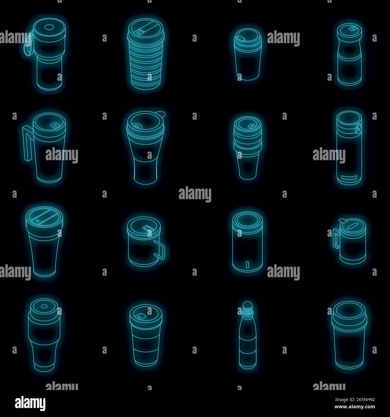 Thermo cup icons set. Isometric set of thermo cup vector icons neon ...