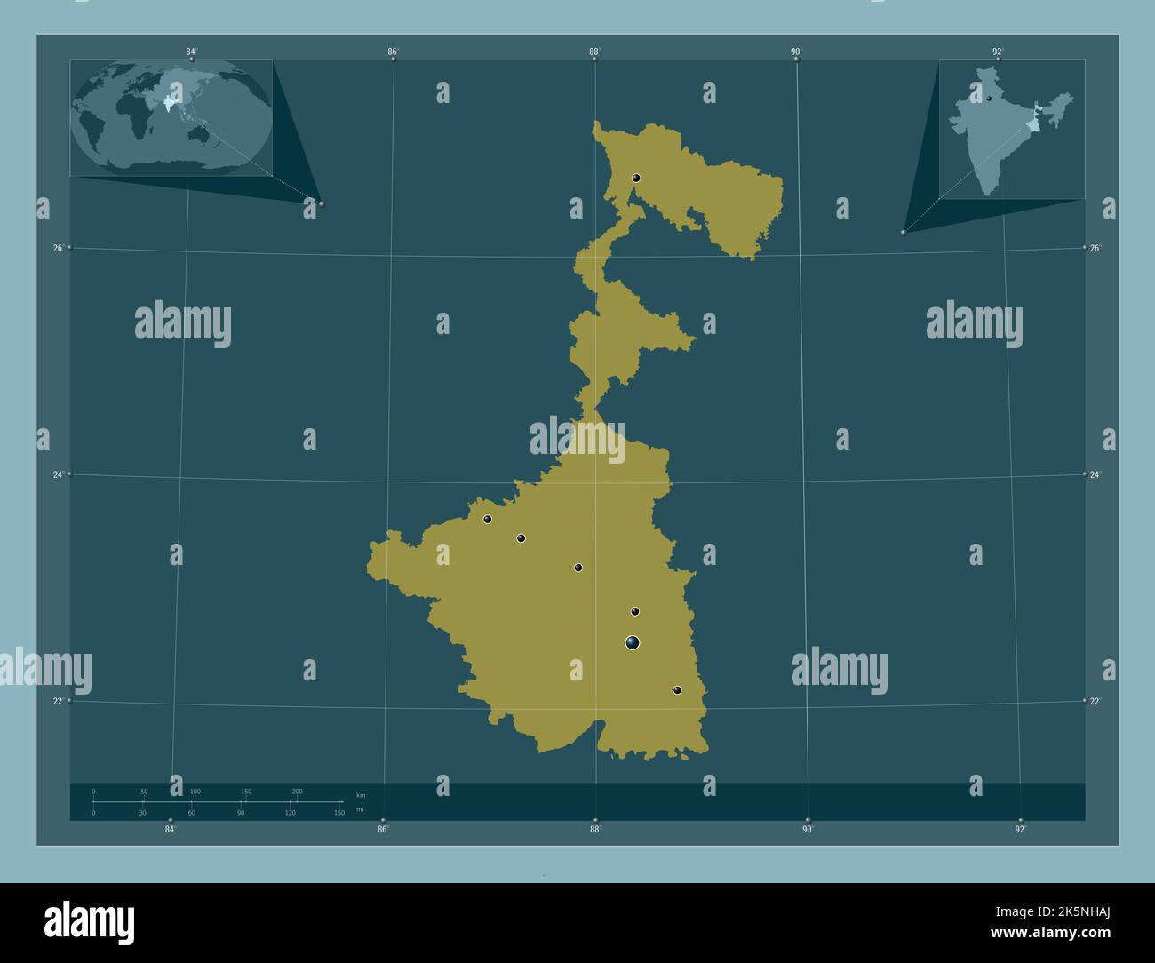 West Bengal, state of India. Solid color shape. Locations of major ...