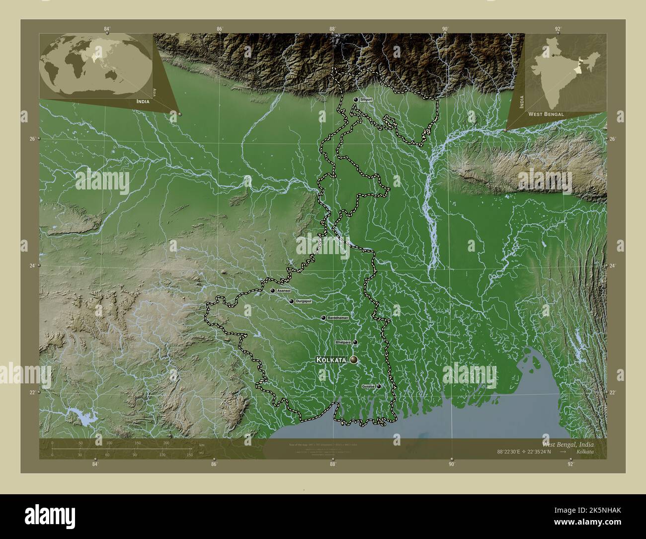 West Bengal, state of India. Elevation map colored in wiki style with ...