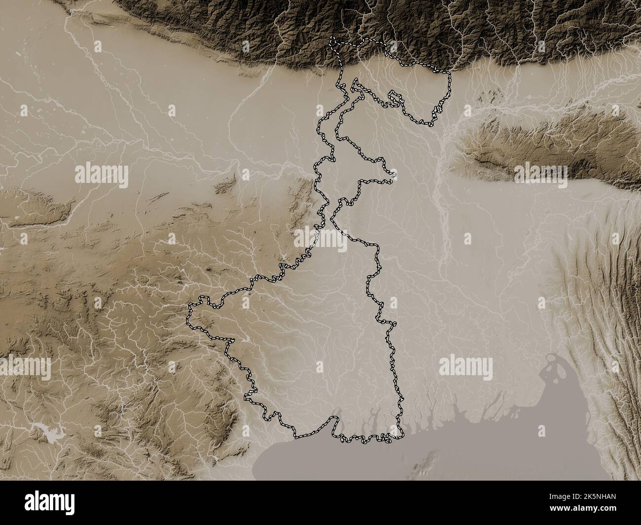 West Bengal, state of India. Elevation map colored in sepia tones with ...