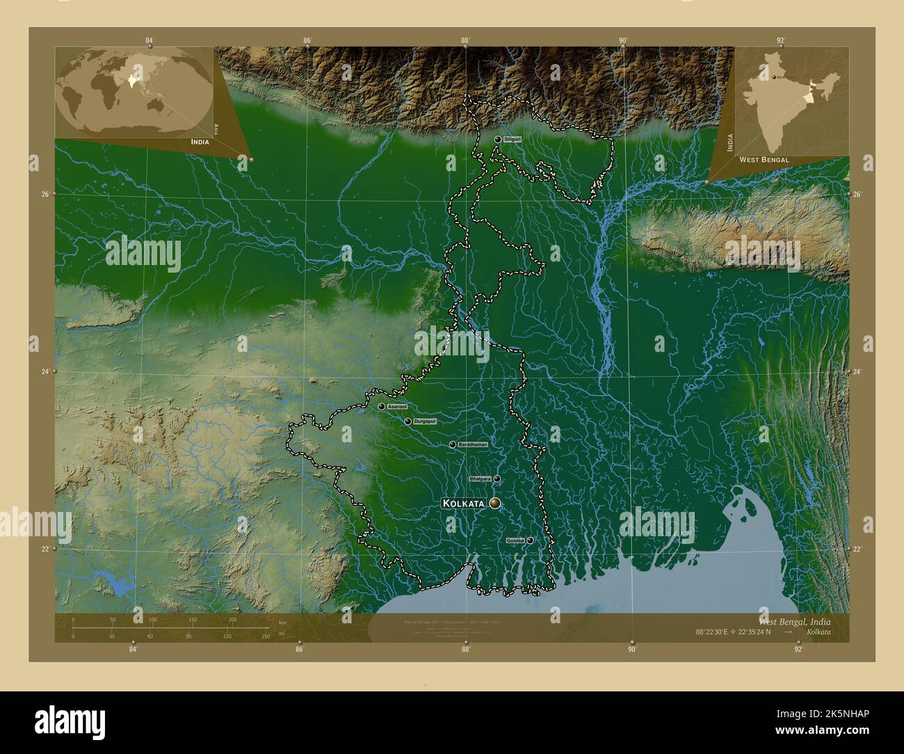 West Bengal, state of India. Colored elevation map with lakes and ...