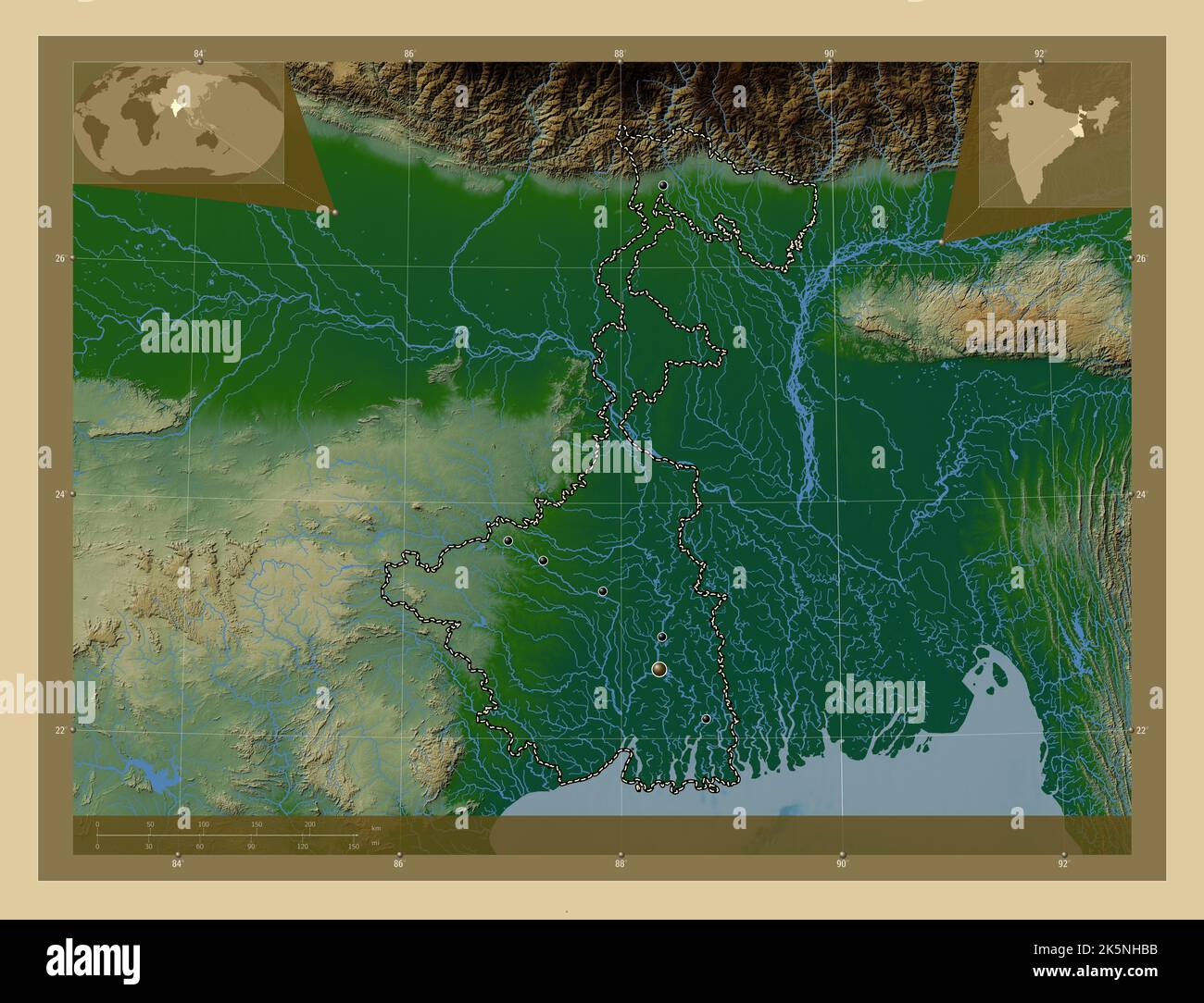 West Bengal, state of India. Colored elevation map with lakes and ...