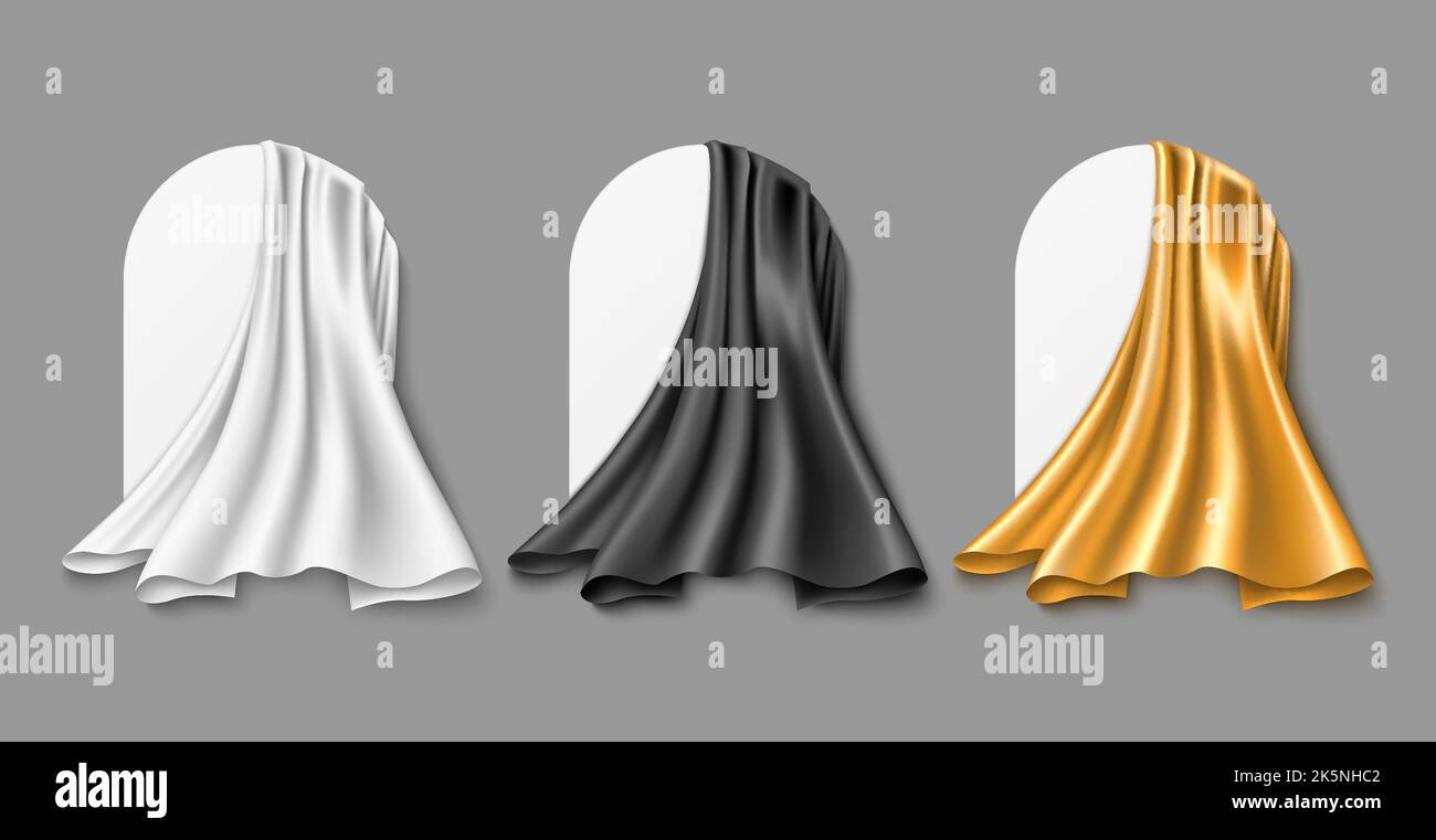 Silk cloth covered drapery. Realistic gold, black and white hanging ...