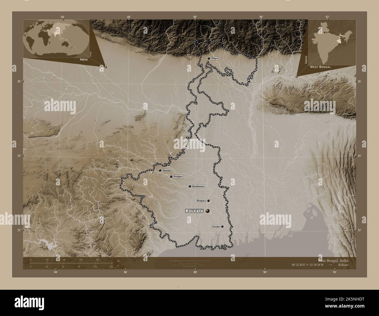 West Bengal, state of India. Elevation map colored in sepia tones with ...