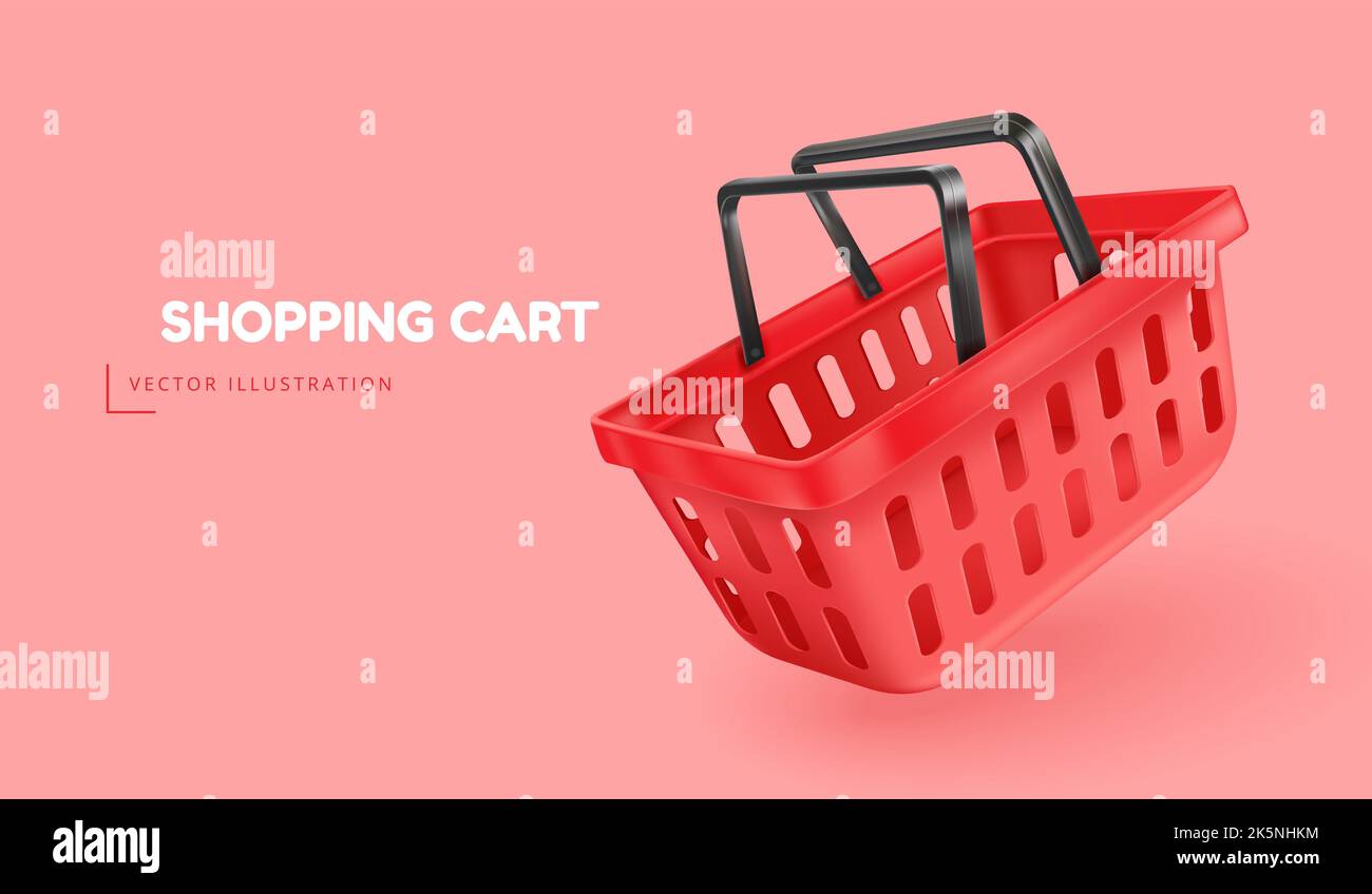 3d shopping basket. Render empty shop cart, realistic floating red ...