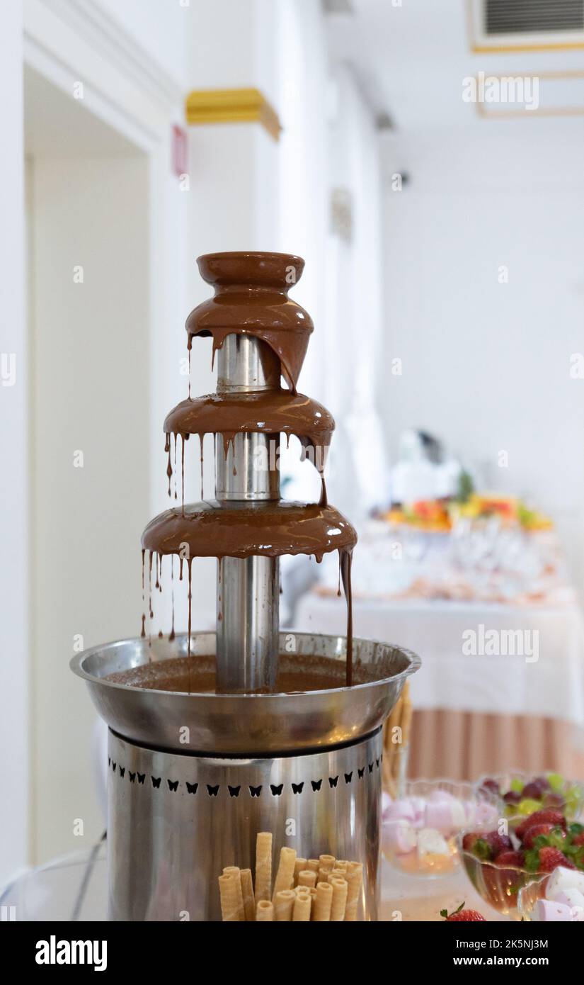 Chocolate fountain at the party. Celebration party with a chocolate ...