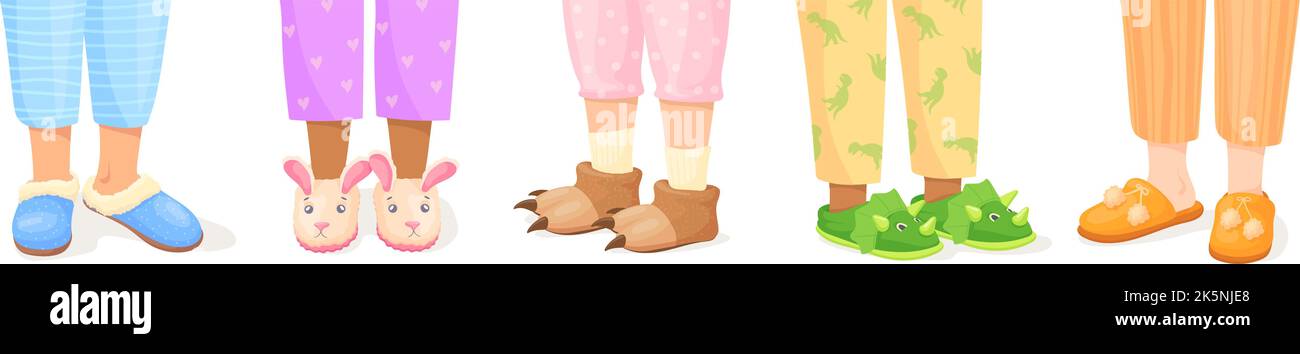 Legs in slippers. Kid feet wearing cartoon animal slipper, pajama party ...