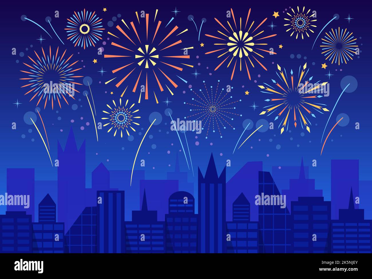 City firework. Cityscape fireworks in night skyline, celebration anniversary colorful ...