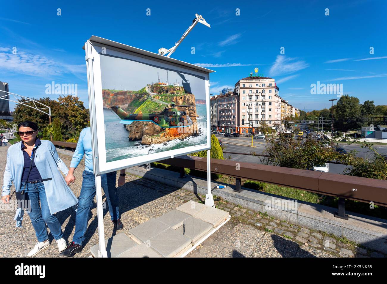 Sofia, Bulgaria - October 09: Pedestrians view an exhibition of ...
