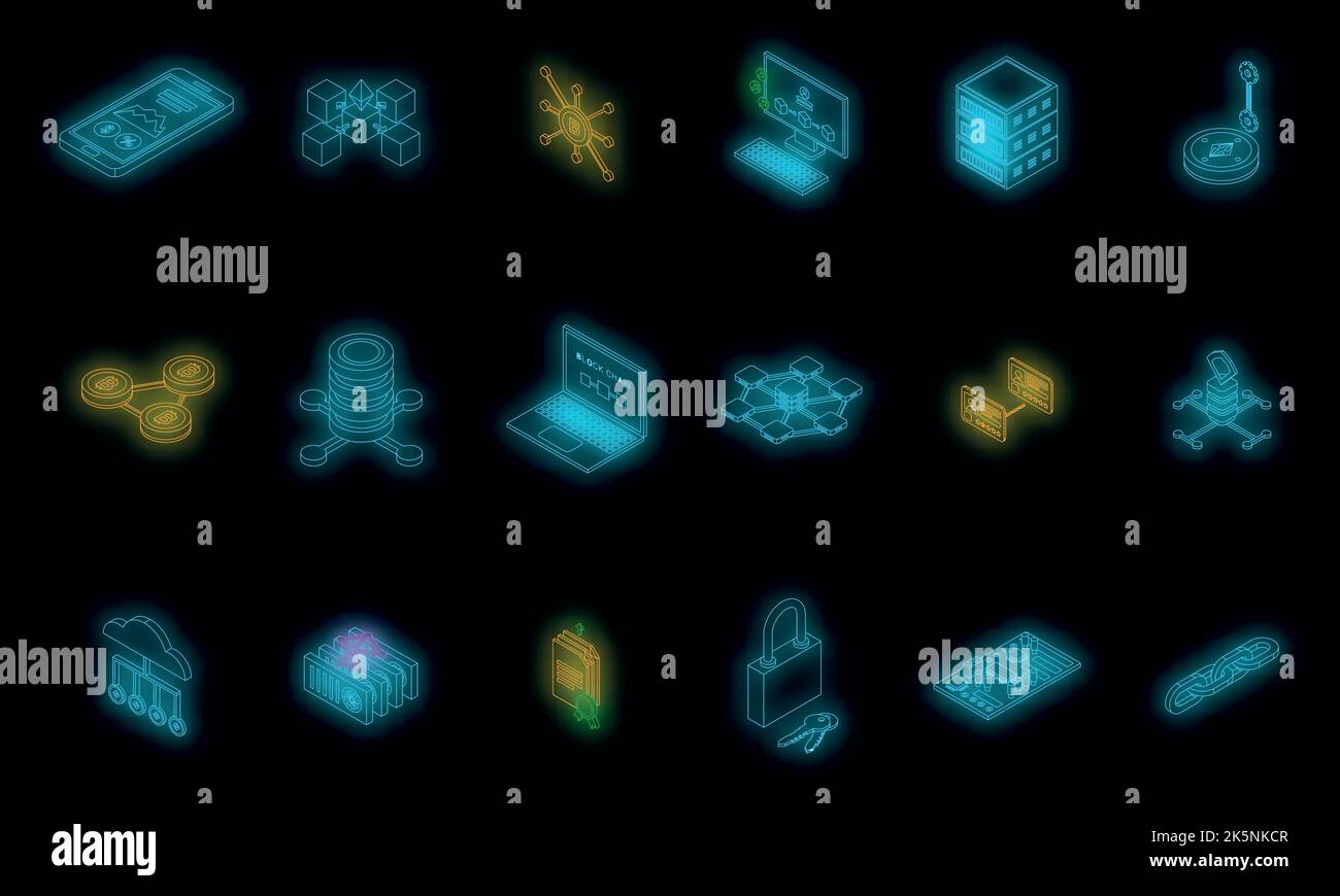 Block chain icons set. Isometric set of block chain vector icons neon color on black Stock ...