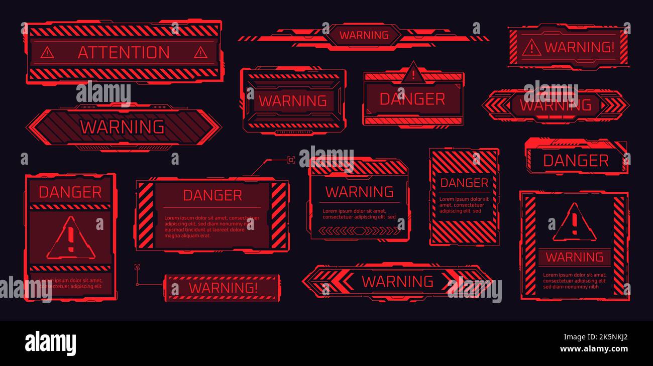 Hud danger frames. Dangerous banner cyber box, pollution alert ...