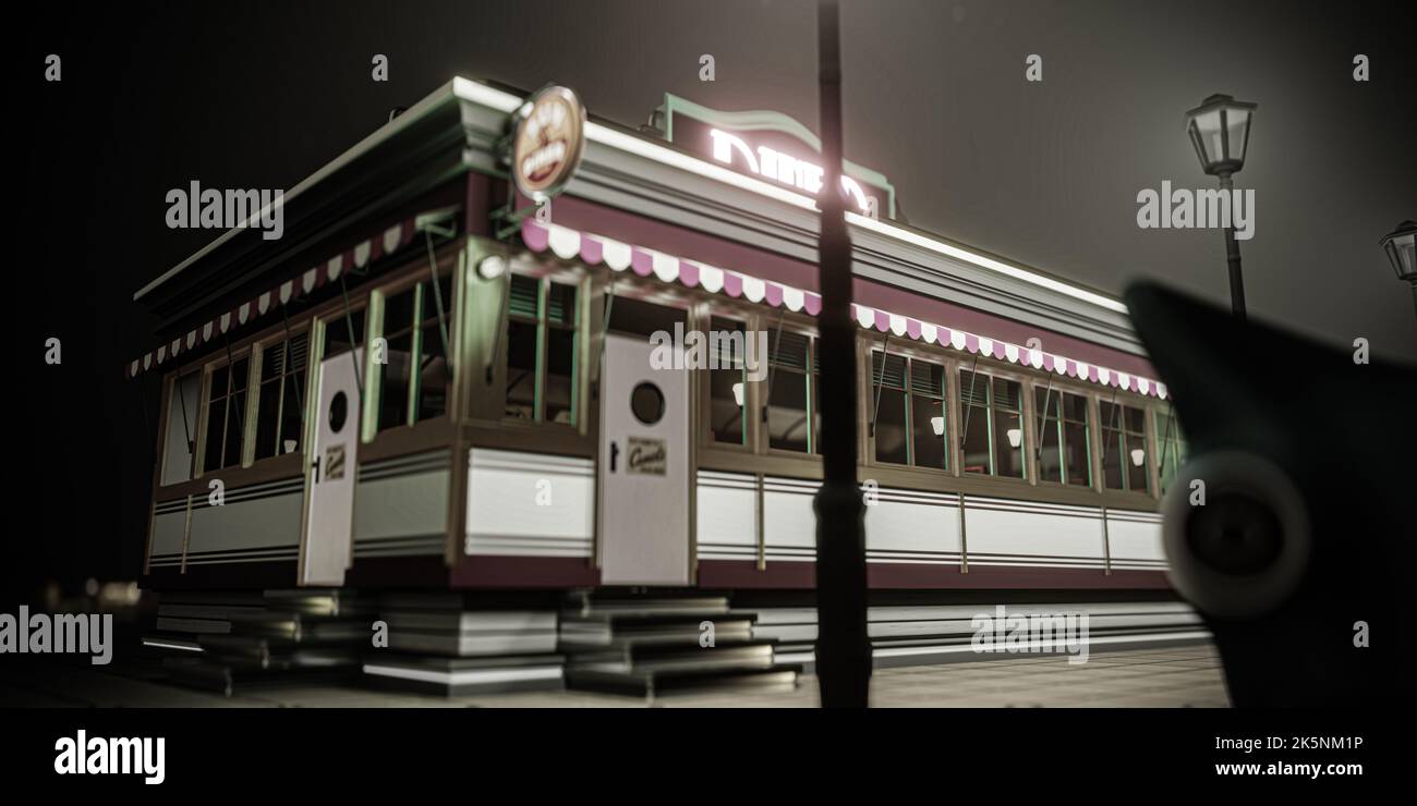 old diner building night scene 3d illustration Stock Photo - Alamy