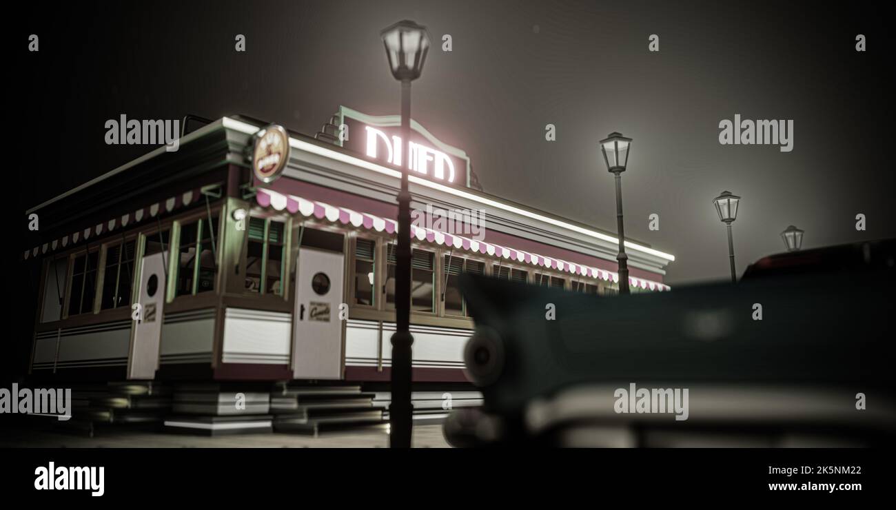 old diner building night scene 3d illustration Stock Photo - Alamy