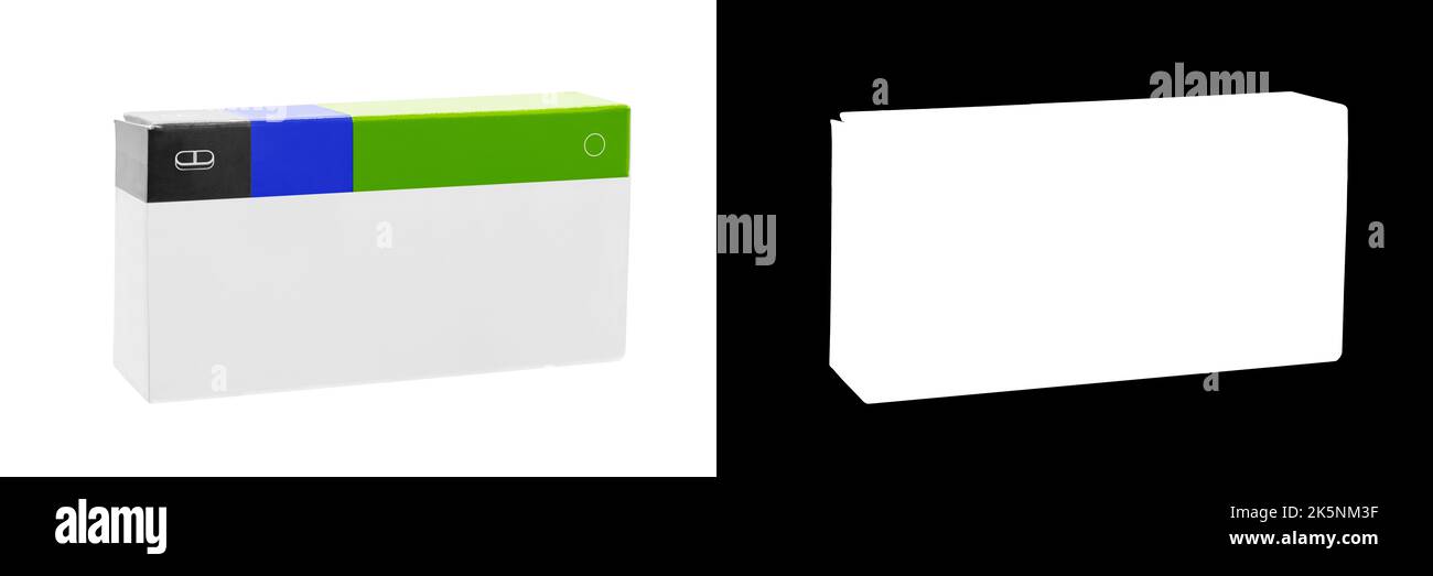 Realistic cardboard box for medication template isolated on white ...