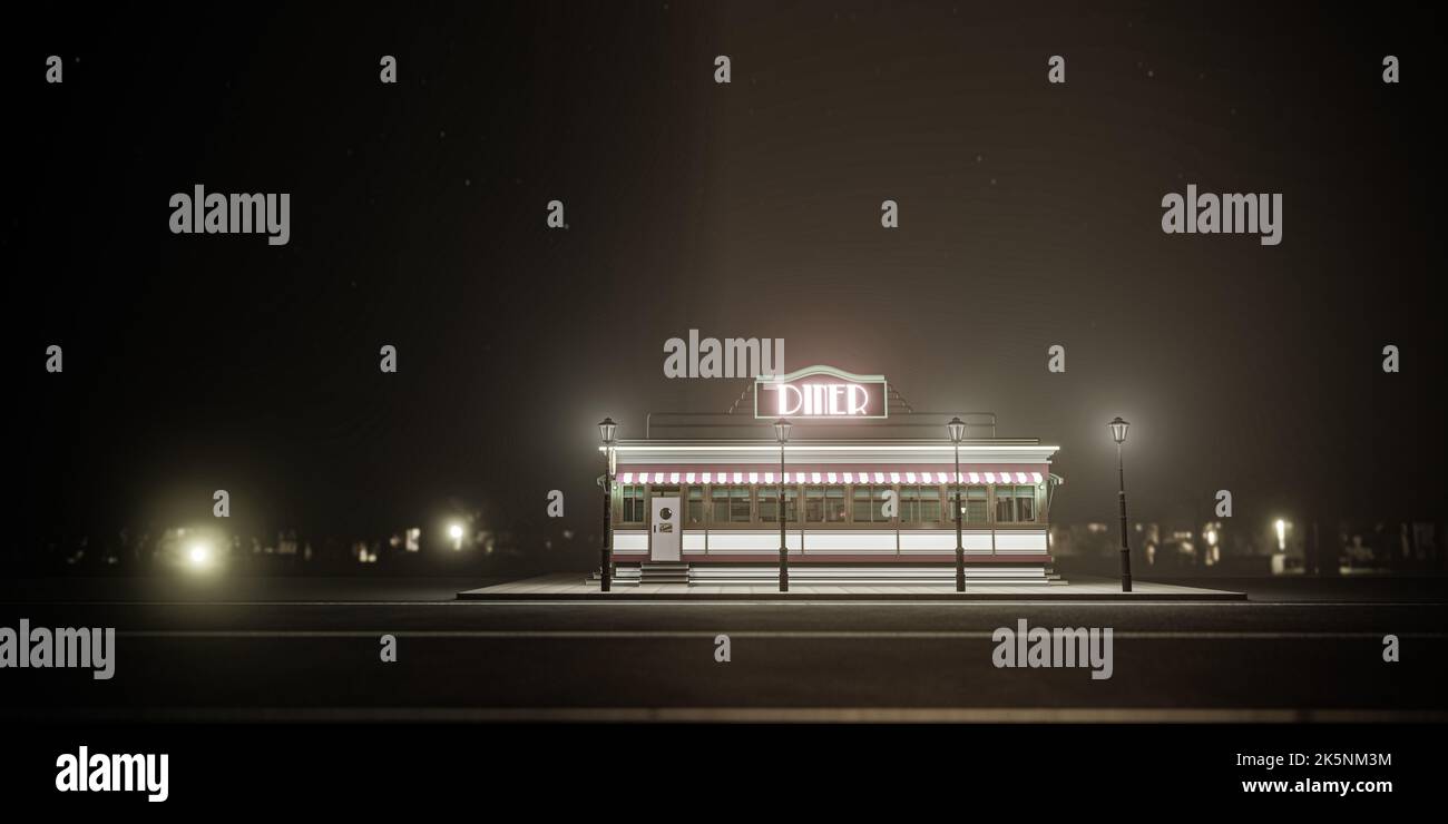 old diner building night scene 3d illustration Stock Photo - Alamy