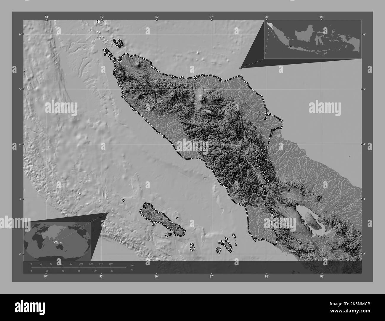 Aceh, autonomous province of Indonesia. Bilevel elevation map with ...