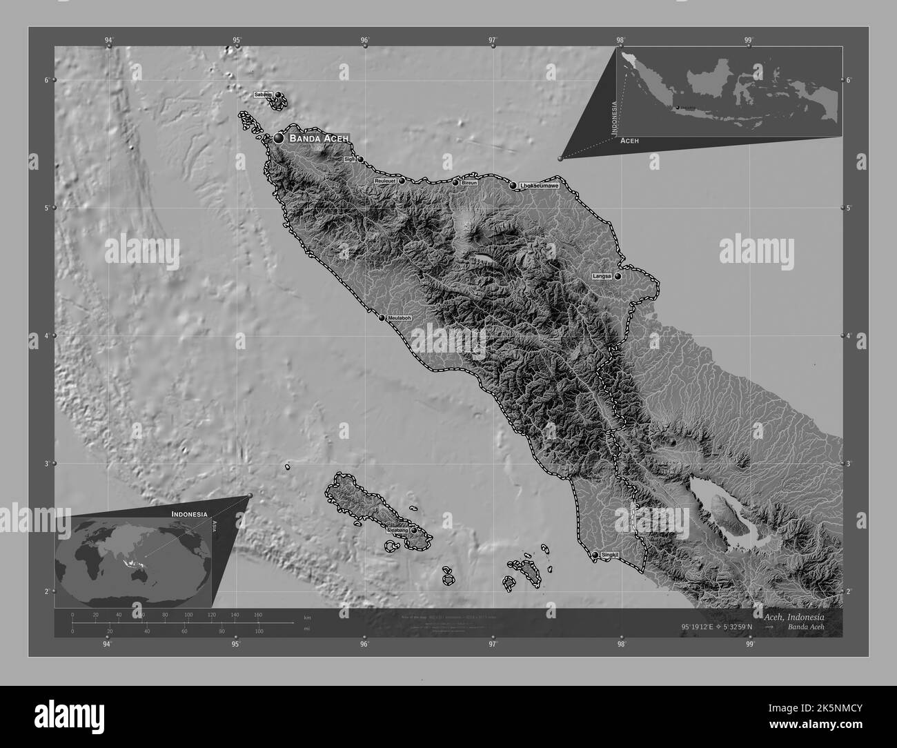Aceh, autonomous province of Indonesia. Bilevel elevation map with ...