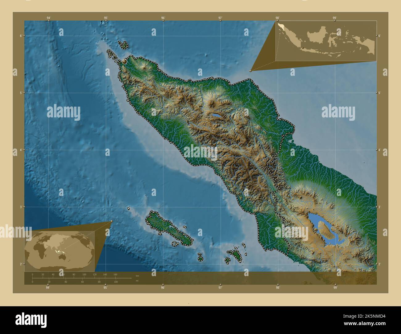 Aceh, autonomous province of Indonesia. Colored elevation map with ...