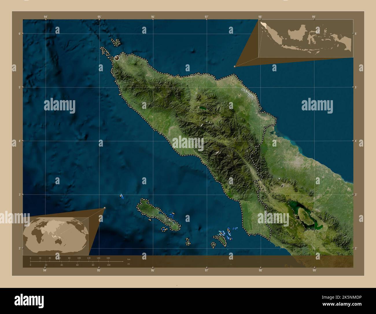 Aceh, autonomous province of Indonesia. Low resolution satellite map. Corner auxiliary location ...