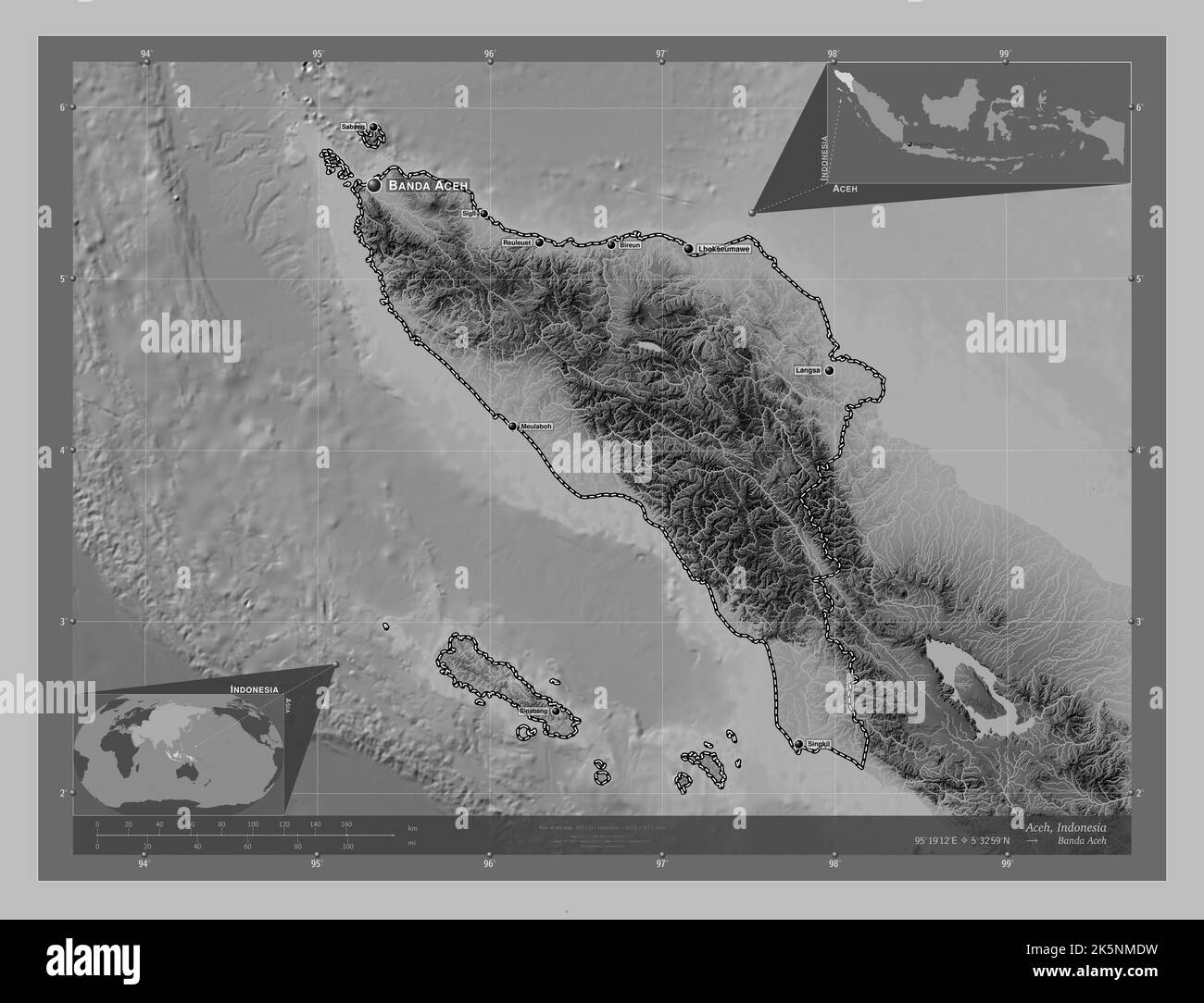 Aceh, autonomous province of Indonesia. Grayscale elevation map with ...