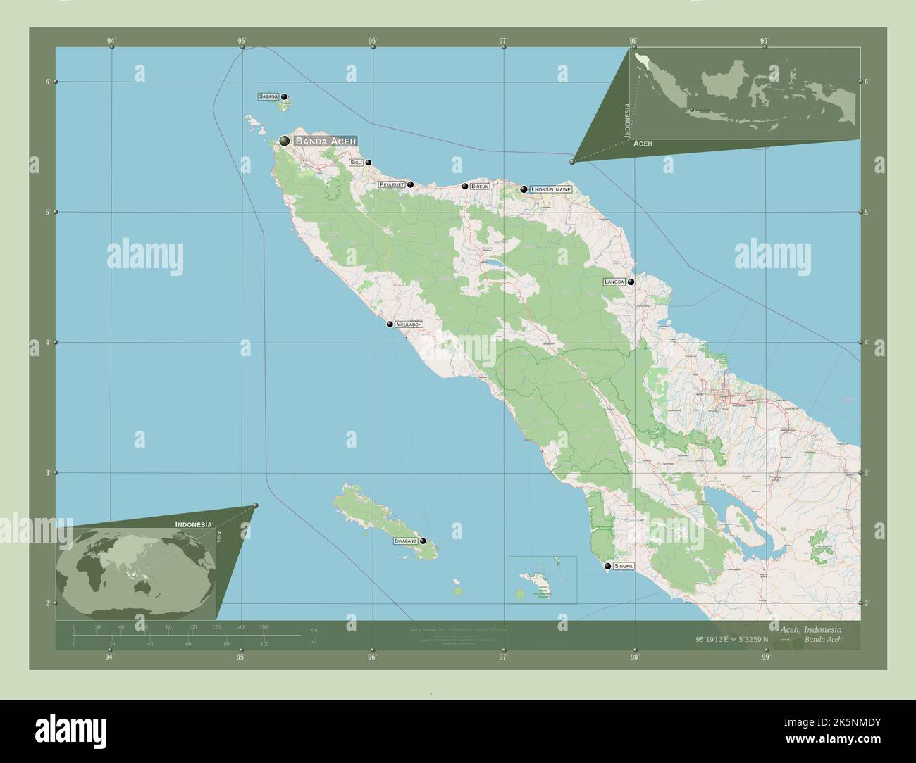 Aceh, autonomous province of Indonesia. Open Street Map. Locations and ...