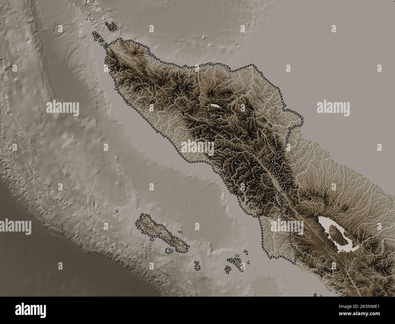 Aceh, autonomous province of Indonesia. Elevation map colored in sepia tones with lakes and ...