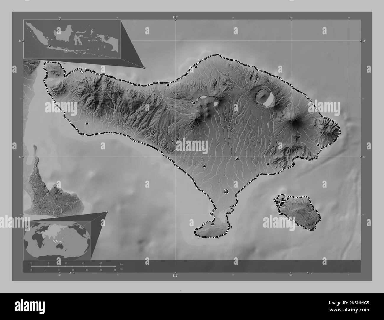 Bali, province of Indonesia. Grayscale elevation map with lakes and ...