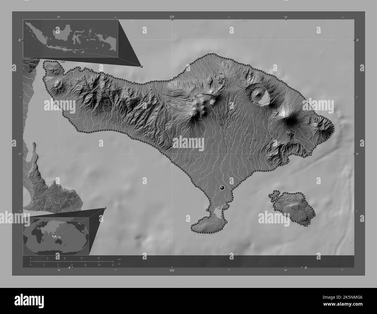 Bali, province of Indonesia. Bilevel elevation map with lakes and ...