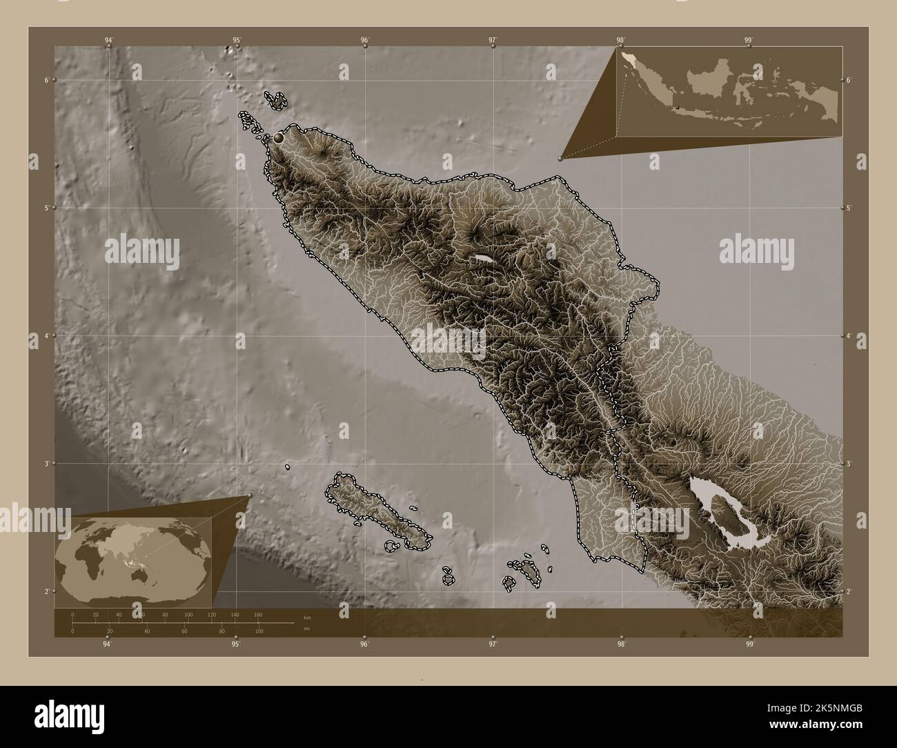 Aceh, autonomous province of Indonesia. Elevation map colored in sepia ...