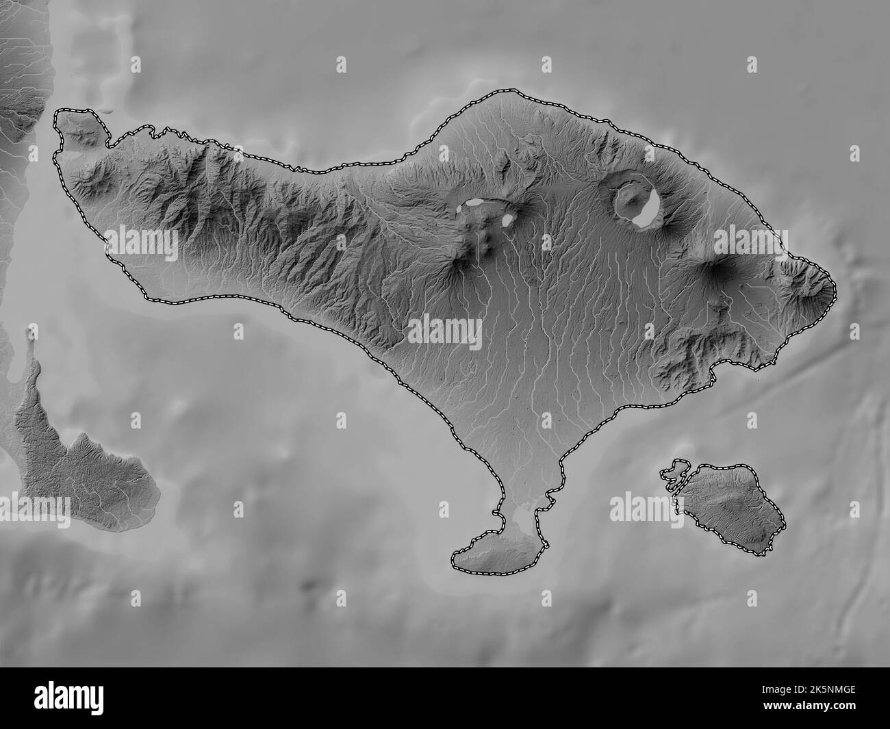 Bali, province of Indonesia. Grayscale elevation map with lakes and ...