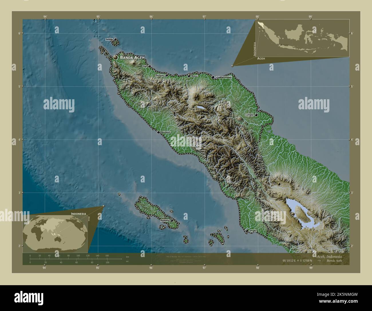 Aceh, autonomous province of Indonesia. Elevation map colored in wiki ...