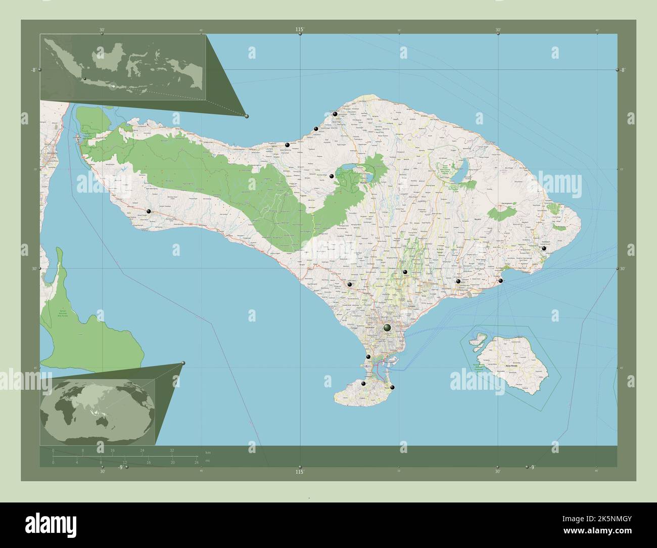 Bali, province of Indonesia. Open Street Map. Locations of major cities ...