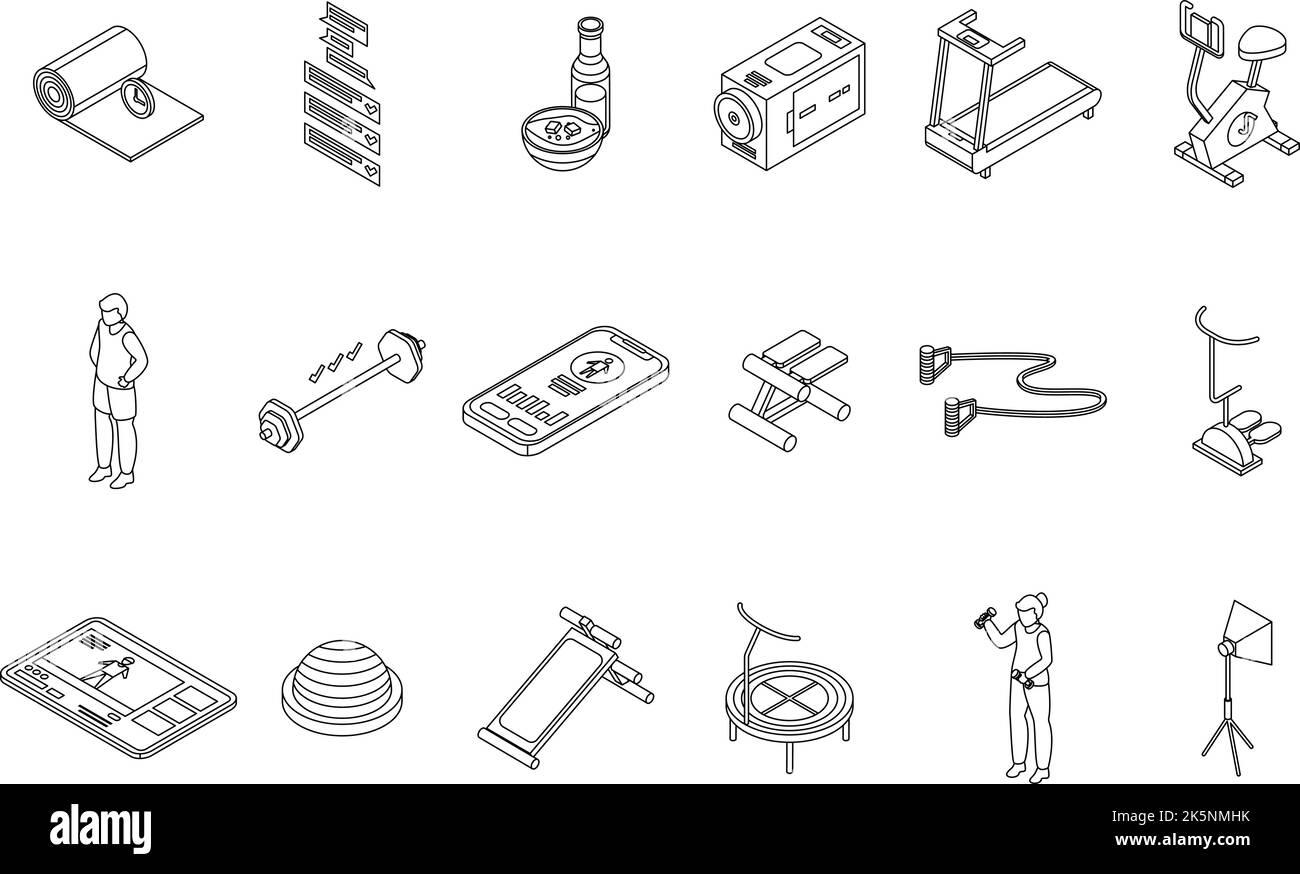 Fitness blog icons set. Isometric set of fitness blog vector icons outline thin lne isolated on ...