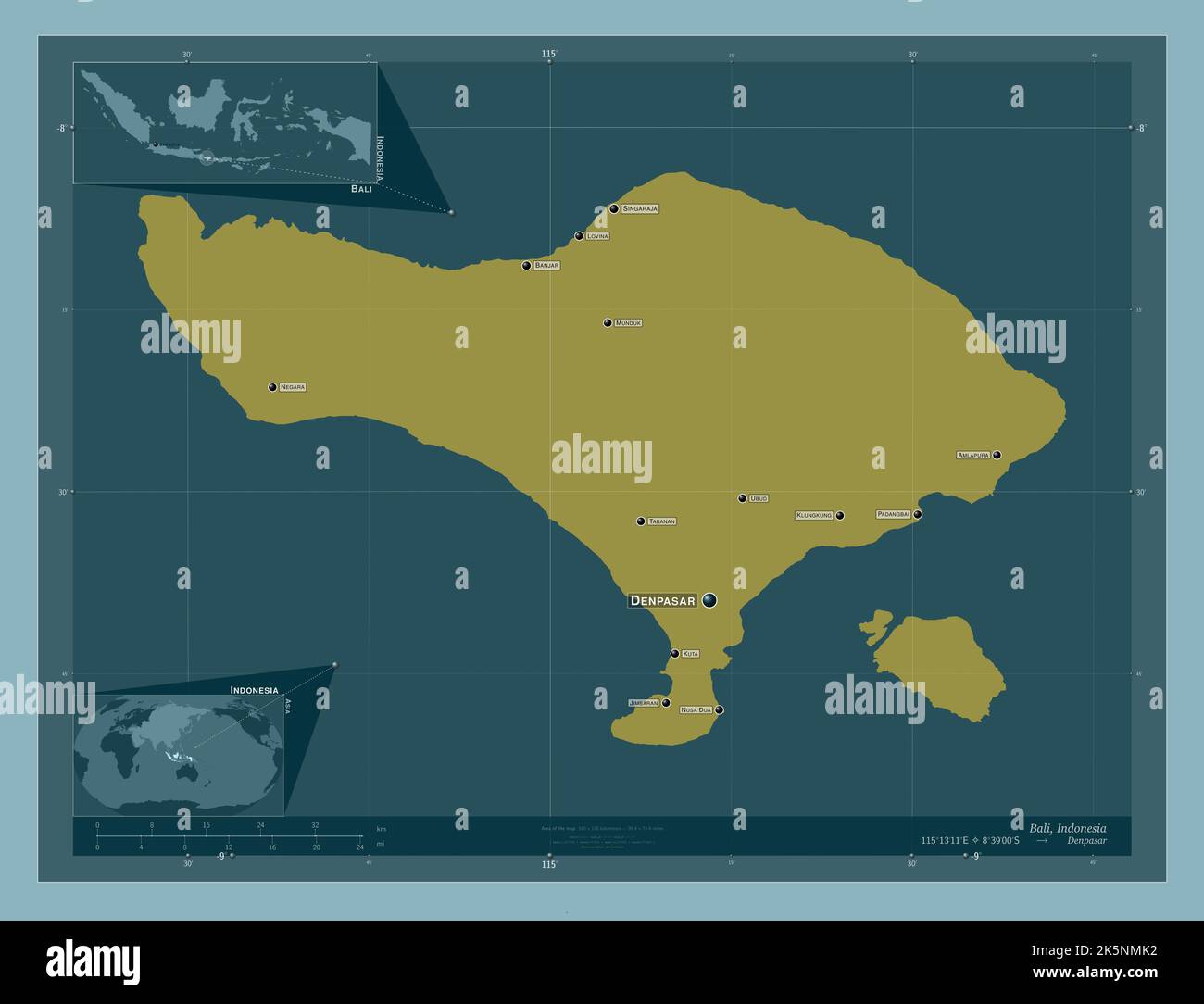 Bali, province of Indonesia. Solid color shape. Locations and names of ...