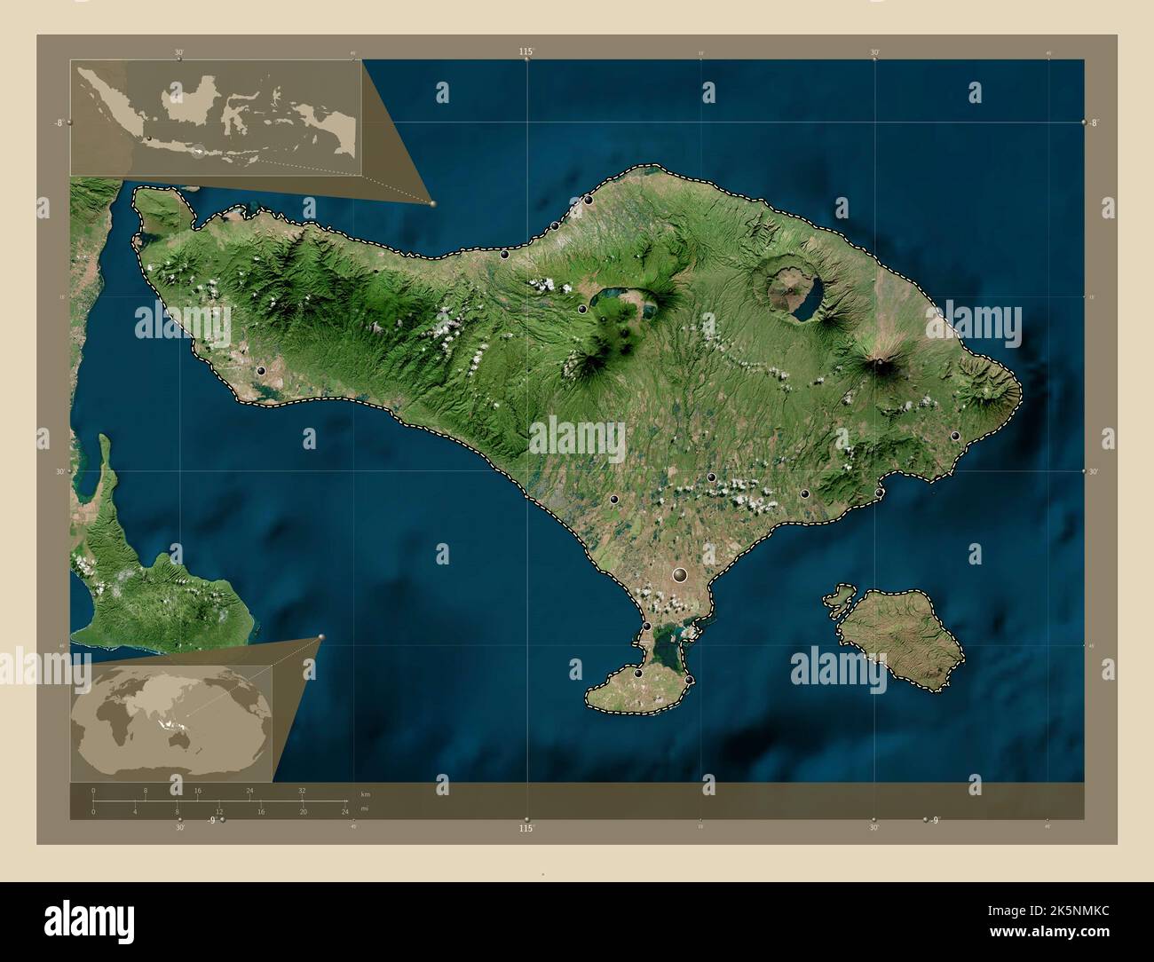 Bali, province of Indonesia. High resolution satellite map. Locations ...