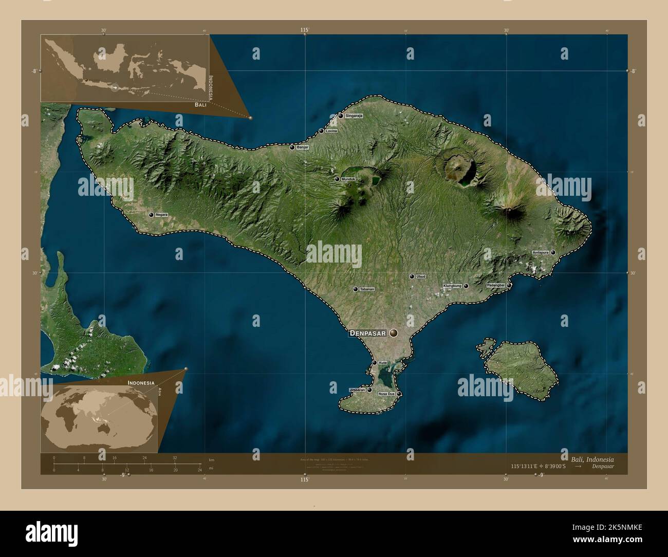 Bali, province of Indonesia. Low resolution satellite map. Locations ...