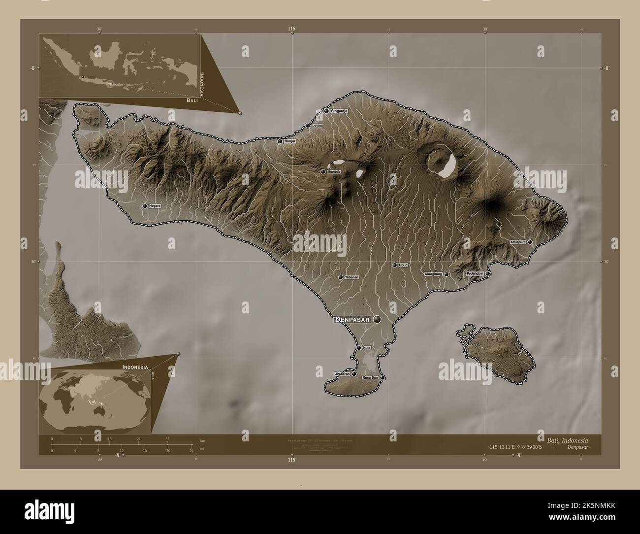 Bali, province of Indonesia. Elevation map colored in sepia tones with ...
